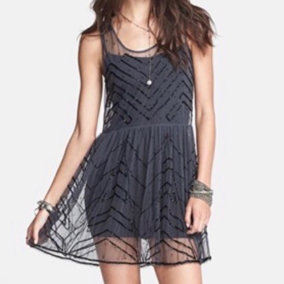 Free People | Dresses | Free People Shear Beaded Dress Charcoal | Poshmark